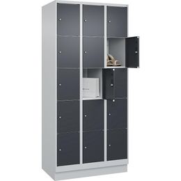 C+P 5er-Schlie&szlig;fachschrank Classic PLUS, 3 Abteile, lichtgrau / grau, B 900 mm, 15 F&auml;cher, mit Bodensockel