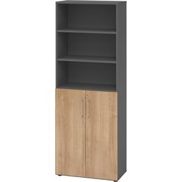 eurokraft pro B&uuml;roregalschrank, 5 Fachb&ouml;den, 6 Ordnerh&ouml;hen, davon 3 offen, graphit / Nussbaum