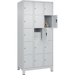 C+P 5er-Schließfachschrank Classic PLUS, 3 Abteile, lichtgrau, B 900 mm, 15 Fächer, mit Füßen
