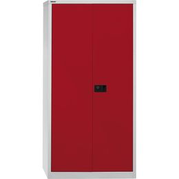 Bisley UNIVERSAL Flügeltürenschrank, HxBxT 1950 x 914 x 400 mm, 4 verzinkte Fachböden, 5 Ordnerhöhen, lichtgrau / kardinalrot