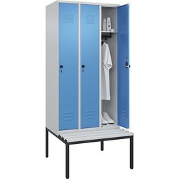 C+P Spind Classic PLUS Sitzbank, 3 Abteile, lichtgrau / lichtblau, B 900 mm, Sicherheits-Drehriegel, untergebaut, Kunststoff