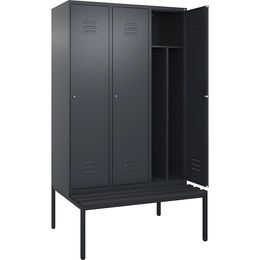 C+P Schwarz-Weiß-Spind Classic PLUS Sitzbank, schmal, 3 Abteile, Trennwand verkürzt, grau, B 1200 mm, Zylinderschloss, untergebaut, Kunststoff