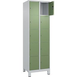 C+P 5er-Schlie&szlig;fachschrank Classic PLUS, 2 Abteile, lichtgrau / resedagr&uuml;n, B 600 mm, 10 F&auml;cher, mit F&uuml;&szlig;en