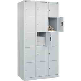 C+P 5er-Schlie&szlig;fachschrank Classic PLUS, 3 Abteile, lichtgrau, B 900 mm, 15 F&auml;cher, mit Bodengleitern