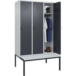 C+P Spind Classic PLUS Sitzbank, 3 Abteile, lichtgrau / grau, B 1200 mm, Sicherheits-Drehriegel, untergebaut, Kunststoff