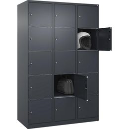 C+P 5er-Schlie&szlig;fachschrank Classic PLUS, 3 Abteile, grau, B 1200 mm, 15 F&auml;cher, mit Bodengleitern