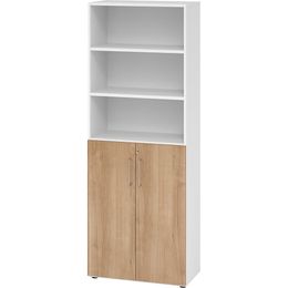 eurokraft pro B&uuml;roregalschrank, 5 Fachb&ouml;den, 6 Ordnerh&ouml;hen, davon 3 offen, wei&szlig; / Nussbaum