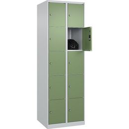 C+P 5er-Schlie&szlig;fachschrank Classic PLUS, 2 Abteile, lichtgrau / resedagr&uuml;n, B 600 mm, 10 F&auml;cher, mit Bodengleitern