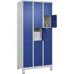 C+P 5er-Schlie&szlig;fachschrank Classic PLUS, 3 Abteile, lichtgrau / enzianblau, B 900 mm, 15 F&auml;cher, mit F&uuml;&szlig;en