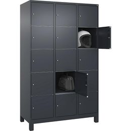 C+P 5er-Schlie&szlig;fachschrank Classic PLUS, 3 Abteile, grau, B 1200 mm, 15 F&auml;cher, mit F&uuml;&szlig;en