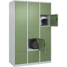 C+P 5er-Schlie&szlig;fachschrank Classic PLUS, 3 Abteile, lichtgrau / resedagr&uuml;n, B 1200 mm, 15 F&auml;cher, mit Bodengleitern