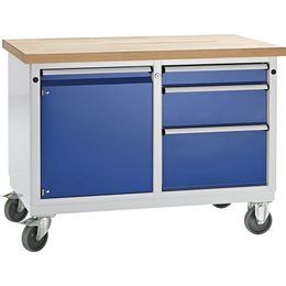 ANKE Kompaktwerkbank, fahrbar, BxT 1140 x 650 mm, 1 Schrank, 3 Schubladen, Buchemassivplatte