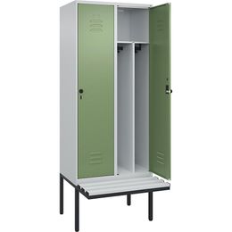 C+P Schwarz-Wei&szlig;-Spind Classic PLUS Sitzbank, schmal, 2 Abteile, Trennwand verk&uuml;rzt, lichtgrau / resedagr&uuml;n, B 800 mm, Sicherheits-Drehriegel, auskragend, Kunststoff
