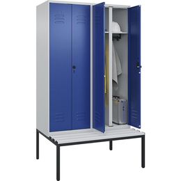 C+P Schwarz-Wei&szlig;-Spind Classic PLUS Sitzbank, 2 Abteile, lichtgrau / enzianblau, B 1200 mm, Sicherheits-Drehriegel, untergebaut, Kunststoff