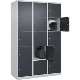 C+P 5er-Schlie&szlig;fachschrank Classic PLUS, 3 Abteile, lichtgrau / grau, B 1200 mm, 15 F&auml;cher, mit Bodengleitern