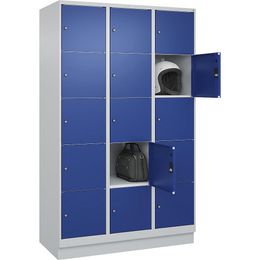C+P 5er-Schlie&szlig;fachschrank Classic PLUS, 3 Abteile, lichtgrau / enzianblau, B 1200 mm, 15 F&auml;cher, mit Bodensockel