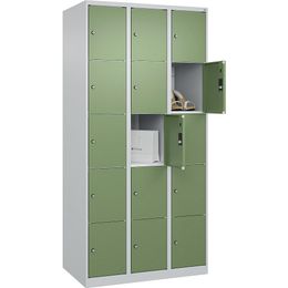C+P 5er-Schlie&szlig;fachschrank Classic PLUS, 3 Abteile, lichtgrau / resedagr&uuml;n, B 900 mm, 15 F&auml;cher, mit Bodengleitern