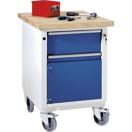 ANKE Kompaktwerkbank, fahrbar, BxT 605 x 650 mm, 1 Schublade, 1 Schrank, Buchemassivplatte