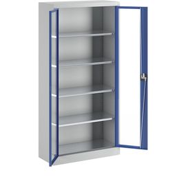 Mauser Sichtfenster-Fl&uuml;gelt&uuml;rschrank, mit 4 Fachb&ouml;den, HxB 1950 x 950 mm, Tiefe 420 mm, lichtgrau/enzianblau