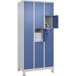 C+P 5er-Schlie&szlig;fachschrank Classic PLUS, 3 Abteile, lichtgrau / fernblau, B 900 mm, 15 F&auml;cher, mit F&uuml;&szlig;en