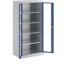Mauser Sichtfenster-Flügeltürschrank, mit 4 Fachböden, HxB 1950 x 950 mm, Tiefe 600 mm, lichtgrau/enzianblau