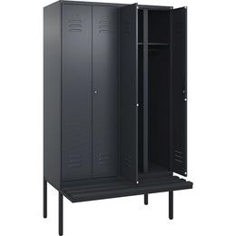 C+P Schwarz-Weiß-Spind Classic PLUS Sitzbank, 2 Abteile, grau, B 1200 mm, Zylinderschloss, auskragend, Kunststoff
