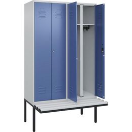 C+P Schwarz-Wei&szlig;-Spind Classic PLUS Sitzbank, 2 Abteile, lichtgrau / fernblau, B 1200 mm, Zylinderschloss, auskragend, Kunststoff