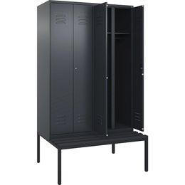 C+P Schwarz-Weiß-Spind Classic PLUS Sitzbank, 2 Abteile, grau, B 1200 mm, Zylinderschloss, untergebaut, Kunststoff