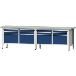 ANKE Werkbank Breite 2800 mm, Gestellbauweise, 12 Schubladen, 8 x 90 mm, 4 x 360 mm, Stahlblechbelagplatte