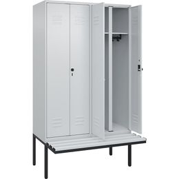 C+P Schwarz-Wei&szlig;-Spind Classic PLUS Sitzbank, 2 Abteile, lichtgrau, B 1200 mm, Sicherheits-Drehriegel, auskragend, Kunststoff