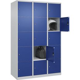 C+P 5er-Schlie&szlig;fachschrank Classic PLUS, 3 Abteile, lichtgrau / enzianblau, B 1200 mm, 15 F&auml;cher, mit Bodengleitern