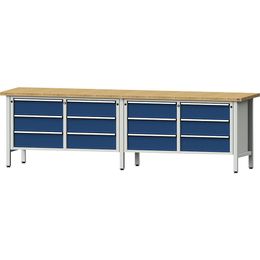 ANKE Werkbank Breite 2800 mm, Gestellbauweise, 12 Schubladen, 180 mm mit Teilauszug, Buchemassivplatte