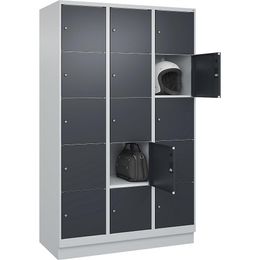 C+P 5er-Schlie&szlig;fachschrank Classic PLUS, 3 Abteile, lichtgrau / grau, B 1200 mm, 15 F&auml;cher, mit Bodensockel