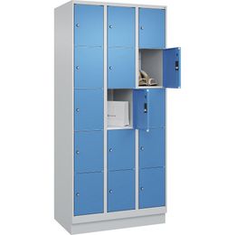 C+P 5er-Schlie&szlig;fachschrank Classic PLUS, 3 Abteile, lichtgrau / lichtblau, B 900 mm, 15 F&auml;cher, mit Bodensockel