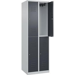 C+P Doppelstock-Spind Classic PLUS, 2 Abteile, lichtgrau / grau, HxB 1850 x 600 mm, mit Bodengleitern, Zylinderschloss