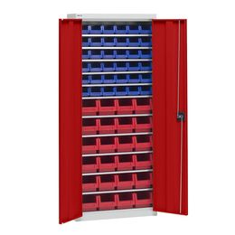 eurokraft pro Materialschrank mit Lagerkästen, Höhe 1575 mm, 11 Fachböden, lichtgrau / verkehrsrot