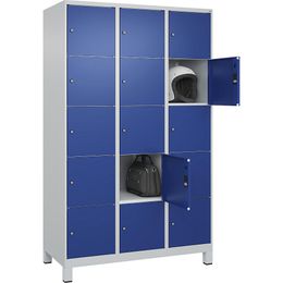 C+P 5er-Schlie&szlig;fachschrank Classic PLUS, 3 Abteile, lichtgrau / enzianblau, B 1200 mm, 15 F&auml;cher, mit F&uuml;&szlig;en