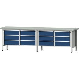 ANKE Werkbank Breite 2800 mm, Gestellbauweise, 12 Schubladen, 180 mm mit Teilauszug, Stahlblechbelagplatte