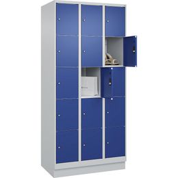 C+P 5er-Schlie&szlig;fachschrank Classic PLUS, 3 Abteile, lichtgrau / enzianblau, B 900 mm, 15 F&auml;cher, mit Bodensockel