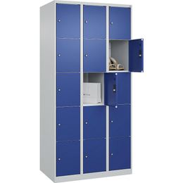 C+P 5er-Schließfachschrank Classic PLUS, 3 Abteile, lichtgrau / enzianblau, B 900 mm, 15 Fächer, mit Bodengleitern