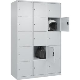C+P 5er-Schlie&szlig;fachschrank Classic PLUS, 3 Abteile, lichtgrau, B 1200 mm, 15 F&auml;cher, mit Bodengleitern
