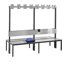 C+P Umkleidebank COMFORT, doppelseitig, HPL, Lehne und Hakenleiste, Länge 1960 mm, silbergrau