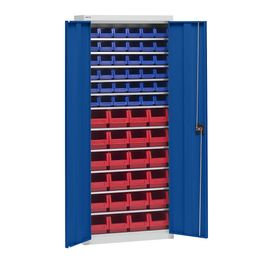eurokraft pro Materialschrank mit Lagerk&auml;sten, H&ouml;he 1575 mm, 11 Fachb&ouml;den, lichtgrau / enzianblau