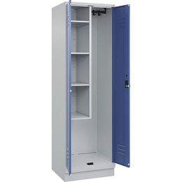 C+P Putzmittelspind Classic PLUS, 1 Abteil, Trennwand mittig, verk&uuml;rzt, lichtgrau / fernblau, B 600 mm, mit Bodensockel, Drehriegel