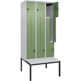 C+P Z-Spind Classic PLUS Sitzbank, 3 Abteile, lichtgrau / resedagr&uuml;n, B 900 mm, Sicherheits-Drehriegel, untergebaut, Kunststoff