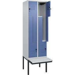 C+P Z-Spind Classic PLUS Sitzbank, 2 Abteile, lichtgrau / fernblau, B 600 mm, Sicherheits-Drehriegel, auskragend, Kunststoff