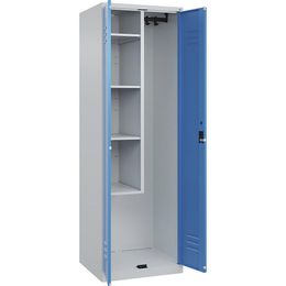 C+P Putzmittelspind Classic PLUS, 1 Abteil, Trennwand mittig, verk&uuml;rzt, lichtgrau / lichtblau, B 600 mm, mit Bodengleitern, Zylinderschloss