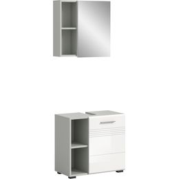 Badmöbel-Set Welltime "Calicio, bestehend aus: Waschbeckenunterschrank, Spiegelschrank", grau (hellgrau, weiß hochglanz), B:60cm H:190cm T:32cm, Holzwerkstoff, MDF, Kastenmöbel-Sets, hochwertige MDF Front mit Rillenfräsung