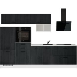 Küchenzeile IMPULS KÜCHEN ""München", Ausrichtung wählbar, Schubkästen mit Soft-Close", küche: schwarz, front: eiche, nachbildung schwarz, korpus: weiß, arbeitsplatte: weiß, B:300cm H:213,4cm T:60cm, Komplettküchen-Sets, vormontiert, wahlweise mit E-Geräten