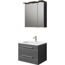 Badmöbel-Set SAPHIR "Serie 6025 2-teilig Mineralmarmor-Waschtisch mit LED-Spiegelschrank", grau (quarzgrau matt select), B:67cm H:200cm T:48cm, Spanplatte, Kastenmöbel-Sets, Waschplatz 67 cm breit, 2 Schubladen, 2 Spiegel-Türen, inkl Türdämpfer